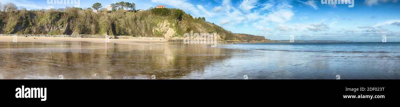 Panorama of Tenby Beach, Pembrokeshire, Wales in Winter, looking north ...
