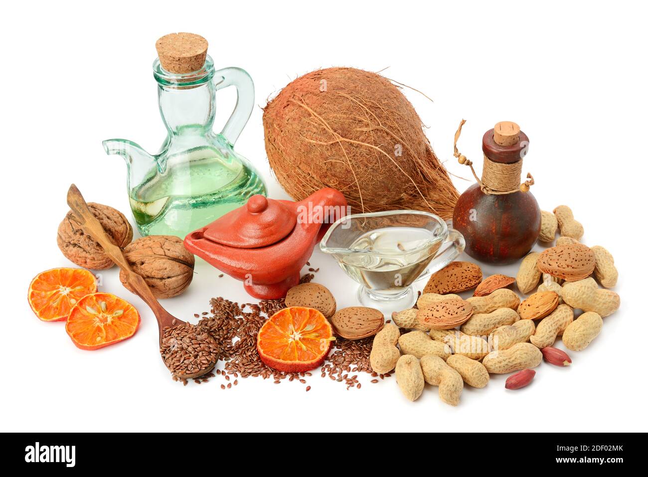 Set of seeds, nuts and vegetable oils, isolated on white background ...