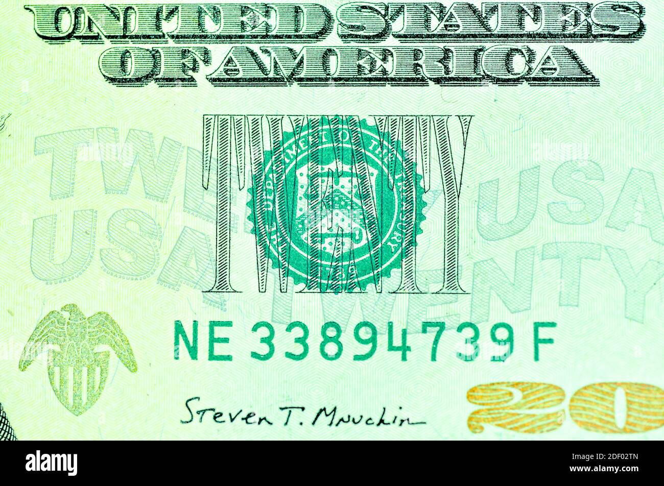 A closeup of a twenty-dollar United State of America banknote, USD ...
