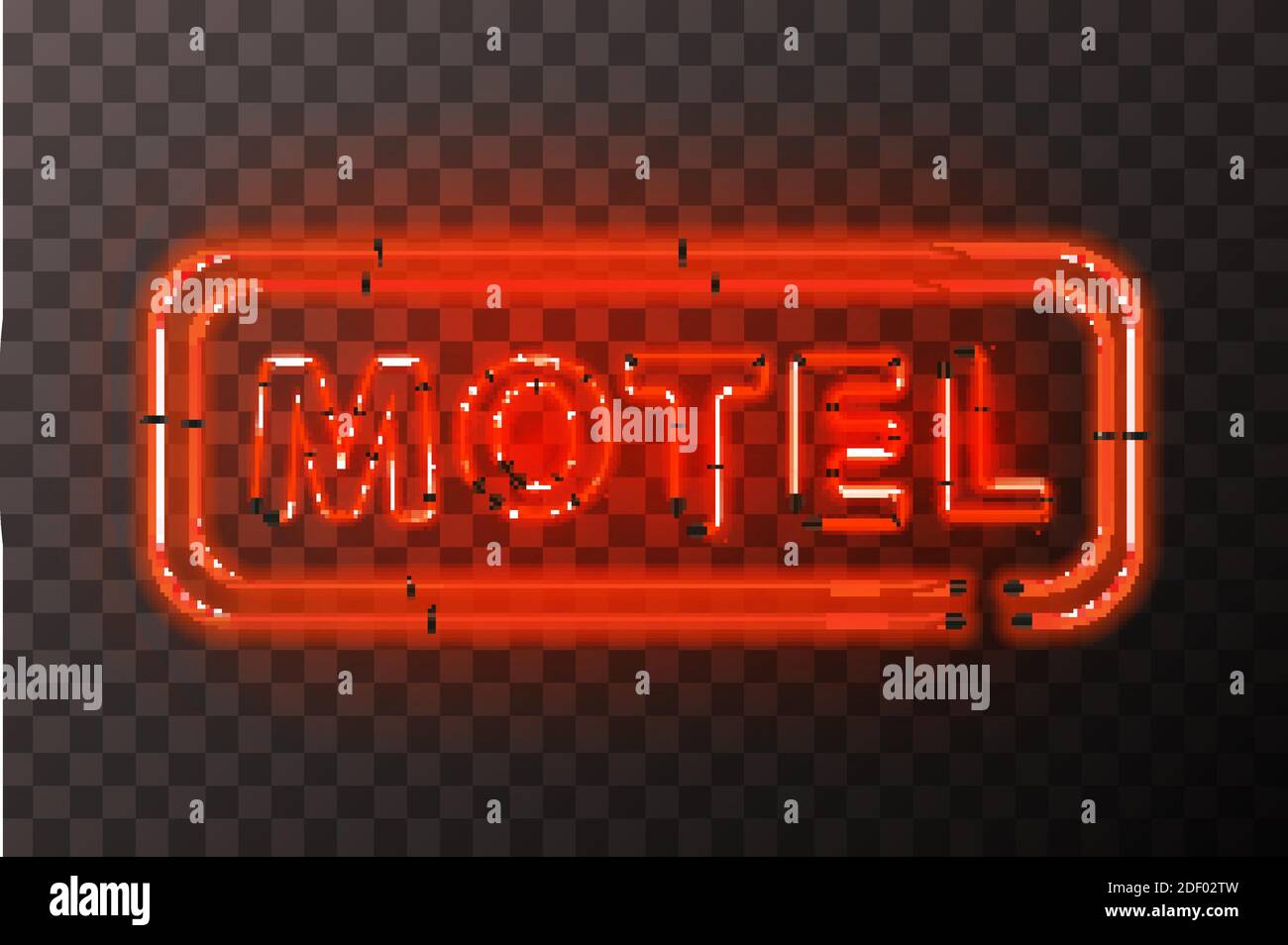 Bright red neon motel sign board with rectangle frame on transparent ...