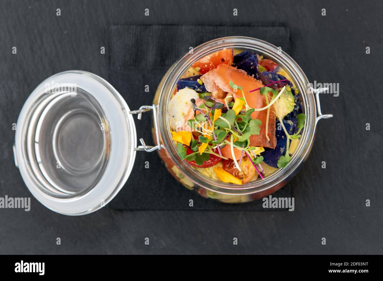 Overhead view of authentic Italian food shows nutritious salad in a ...