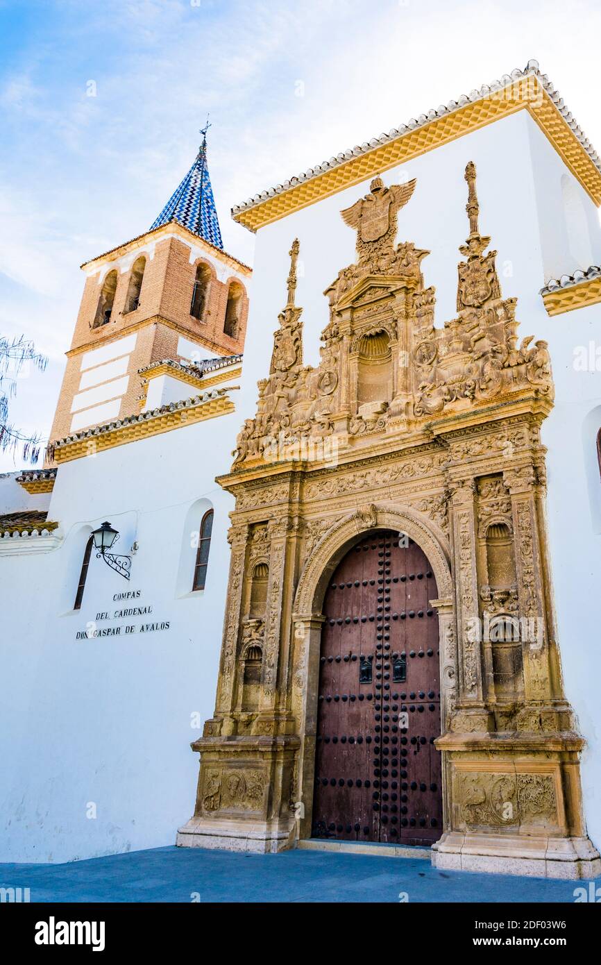 Santiago Church, main facade, where the white color of its walls and ...