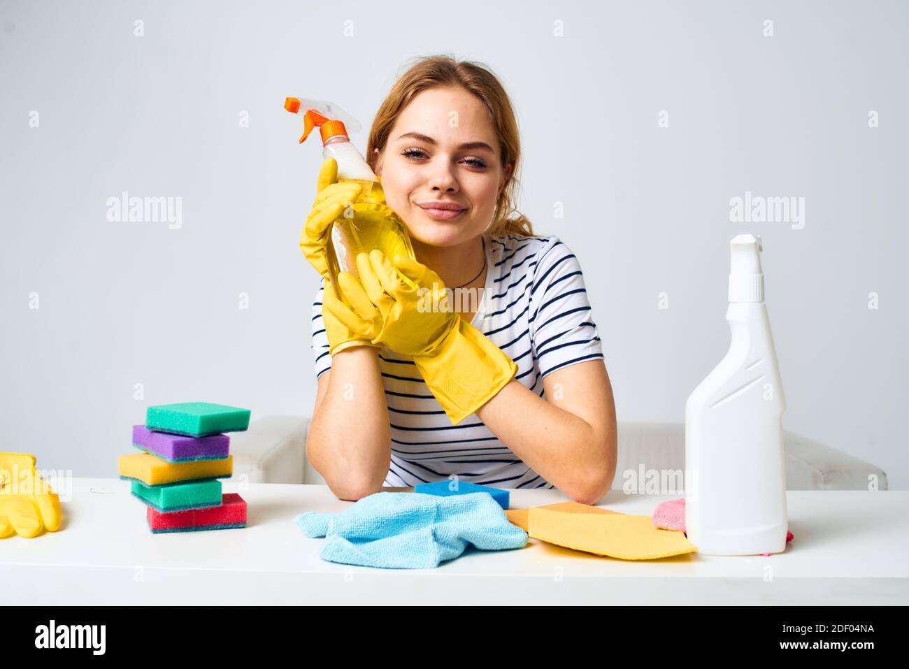 emotional woman detergent cleaning tool housework Lifestyle Stock Photo ...