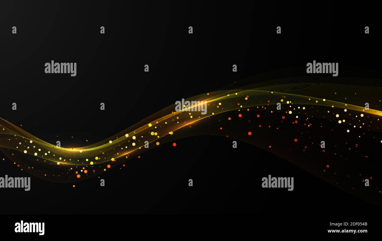 Golden flow of wavy transparent waves with gold glitters on black ...