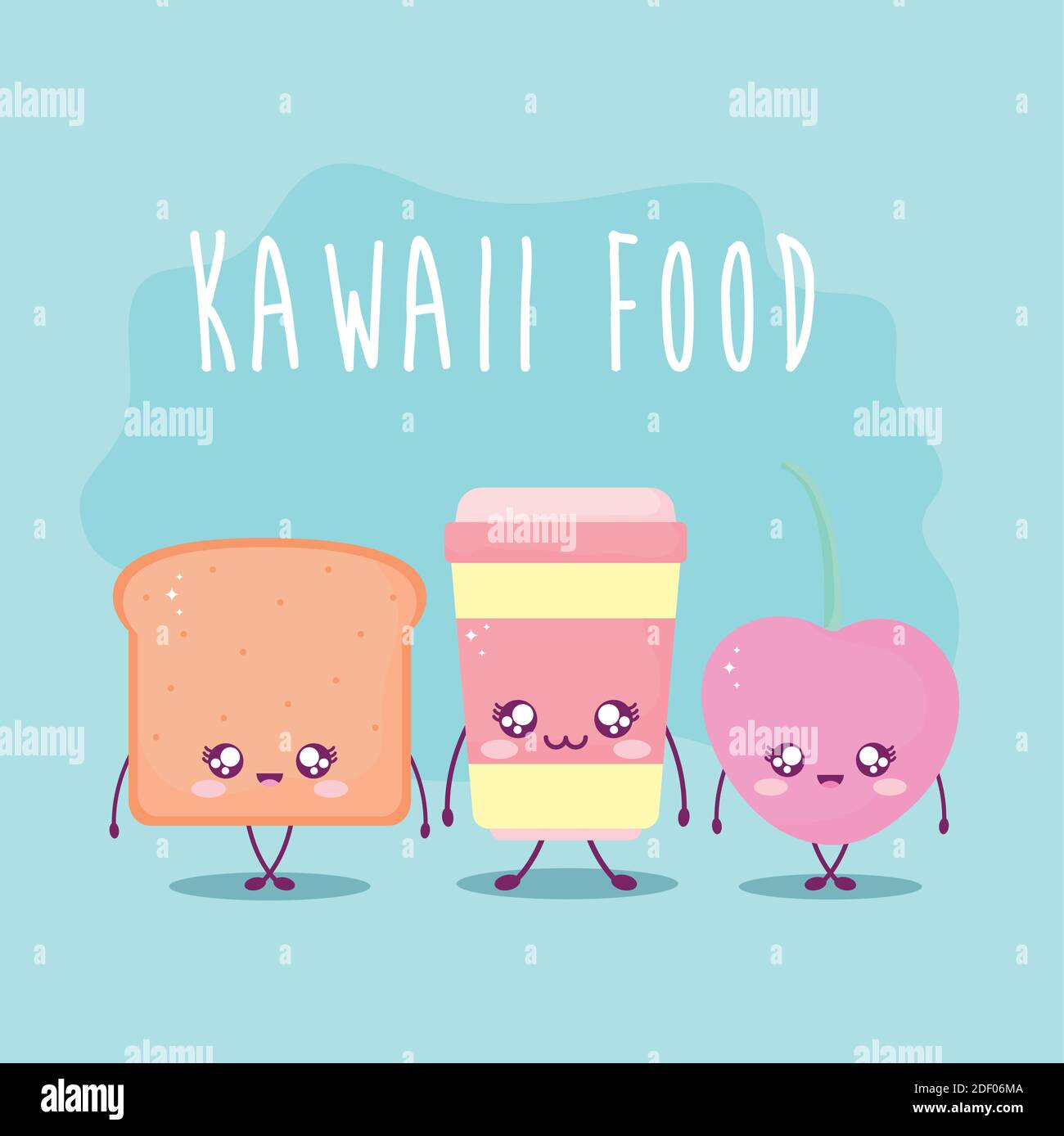 kawaii food lettering and set of kawaii food on blue background Stock ...