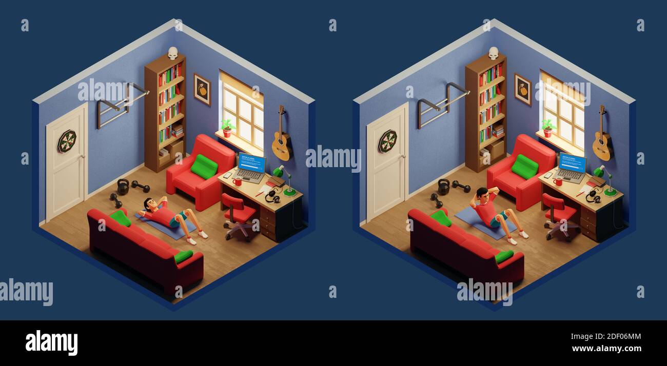 Abs exercise crunch in work room. Home Workout Stock Photo - Alamy