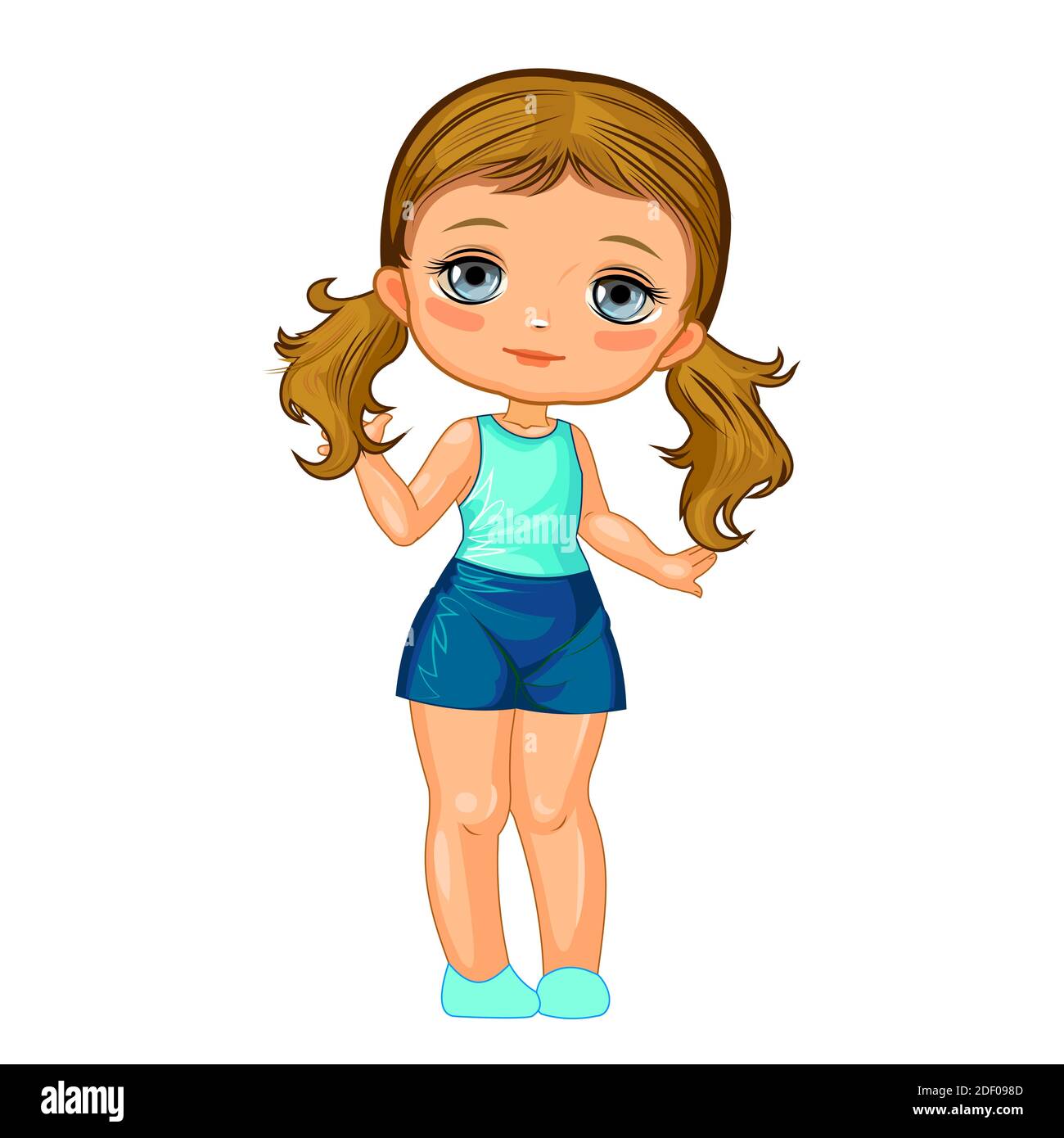 A cute little girl in shorts and a T-shirt. Cheerful funny child in a ...