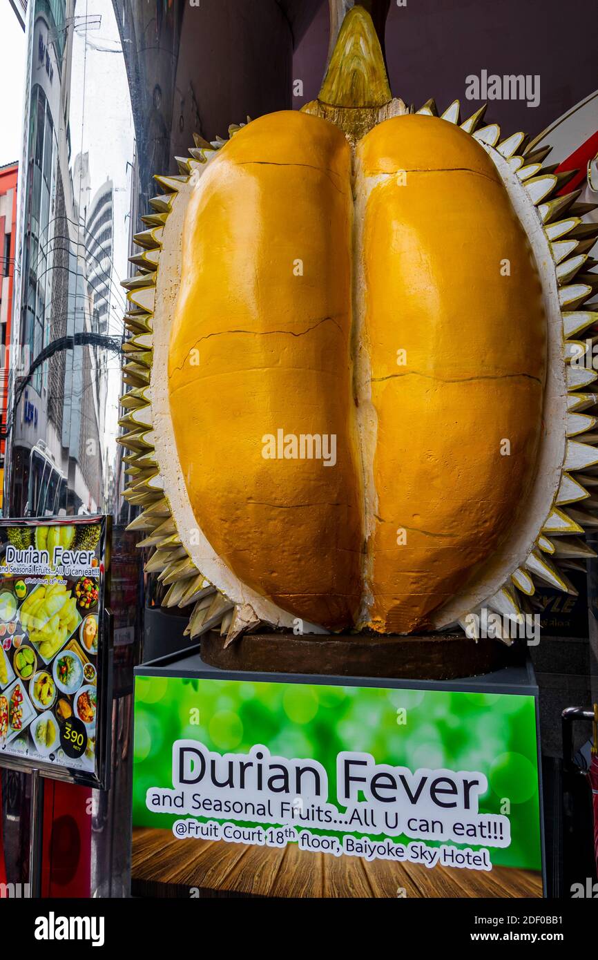 Giant statue of the yellow durian fruit KING OF FRUITS in Ratchathewi ...