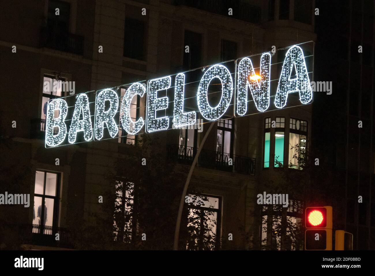 Barcelona, Spain. 2nd Dec, 2020. Big LED street sign with the name of ...