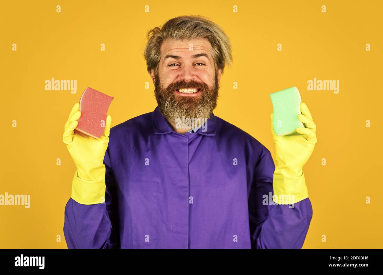 Clean home. Protection. Man wear protective rubber gloves. Bearded ...