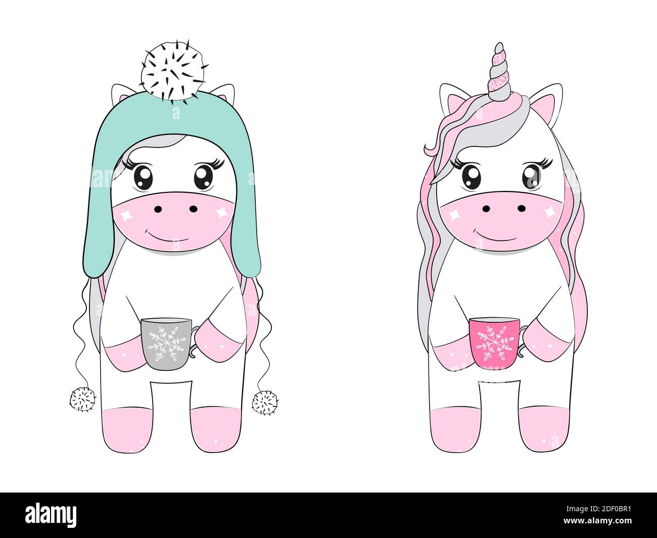 Cute unicorn baby girl in winter hat holds the cup. Vector illustration ...