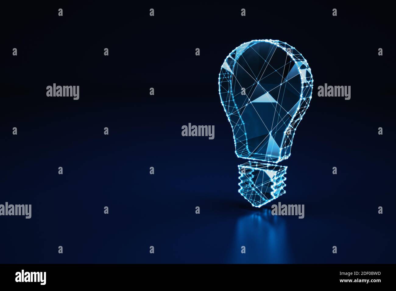 Illuminated wireframe of a bulb light on dark blue background. 3D ...