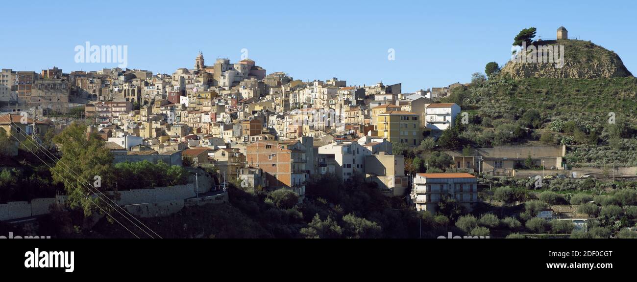 panoramic view of Centuripe mountain town and Calvario Church ...