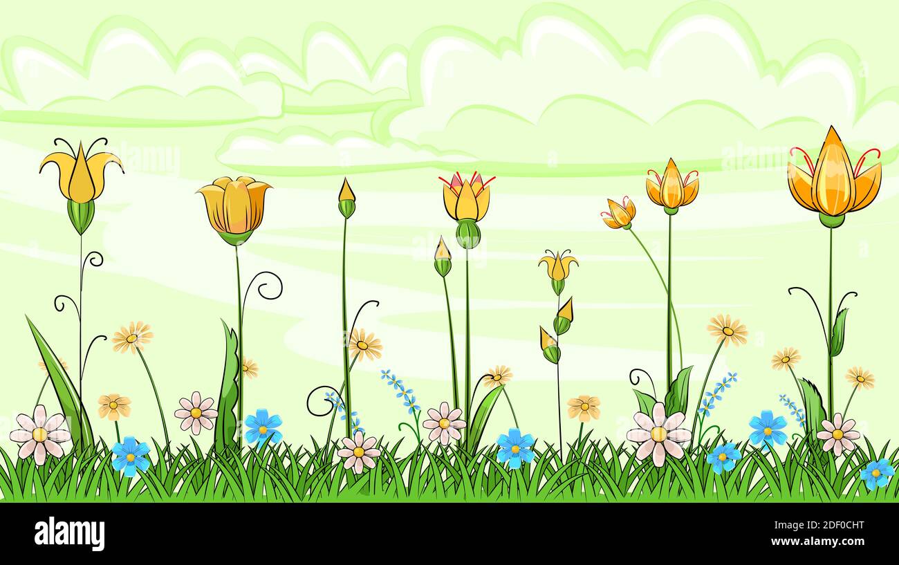Blooming meadow with grass and flowers. Sky. Scenery. Cartoon just ...