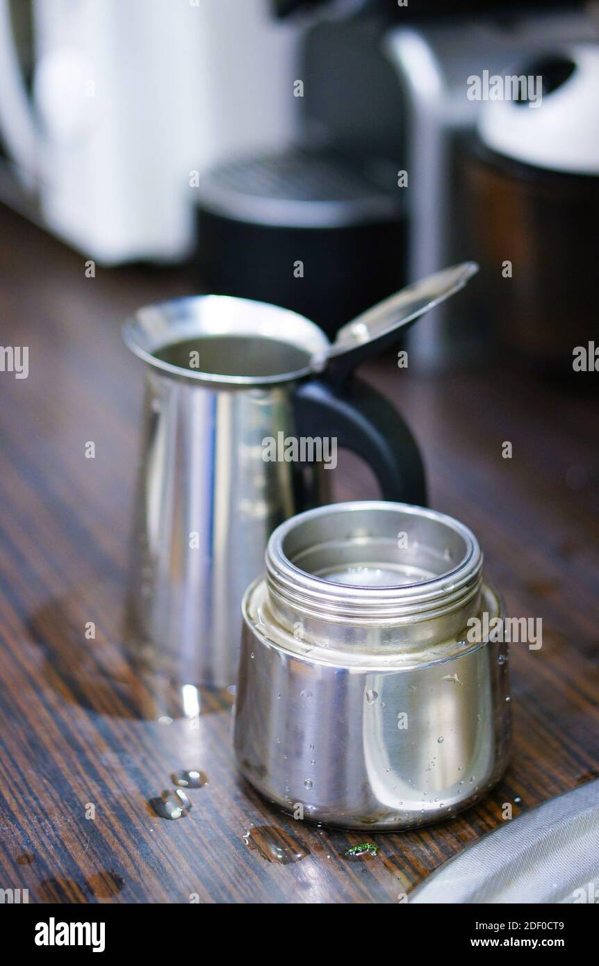 A newly washed moka pot on a kitchen counter Stock Photo - Alamy