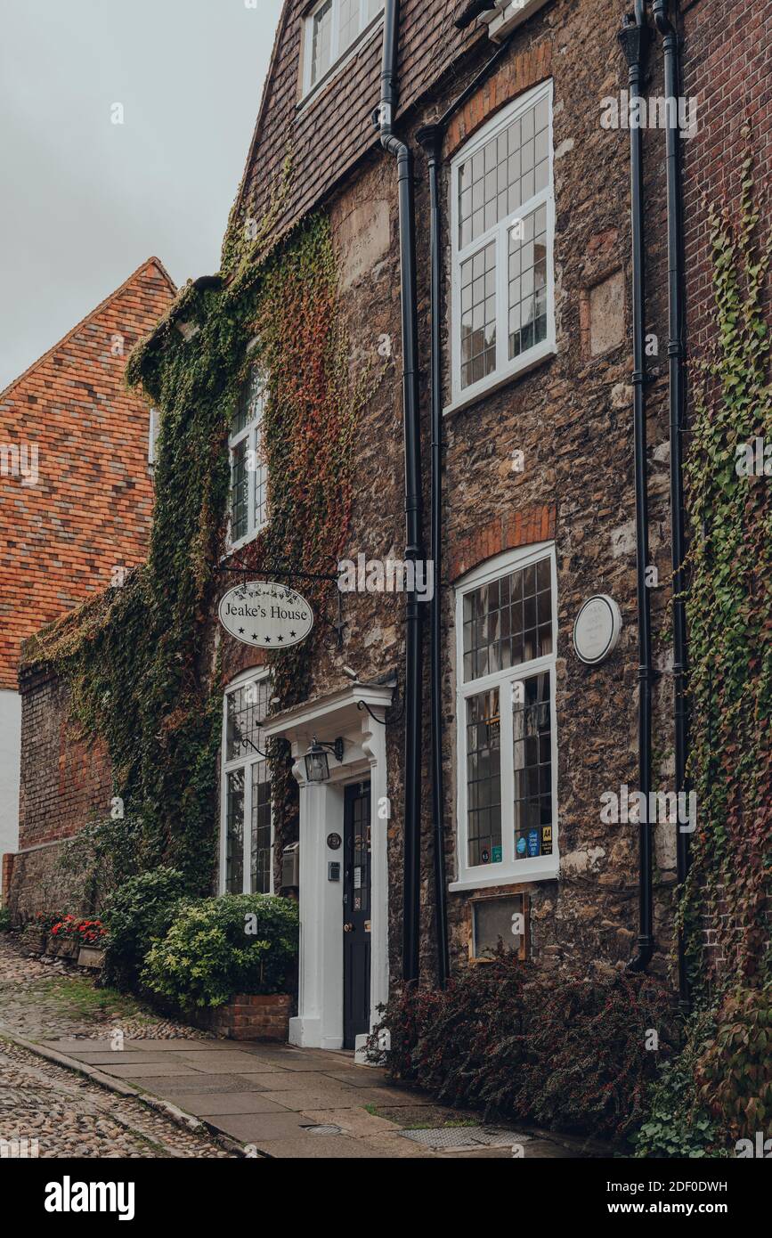 Rye, UK - October 10, 2020: Exterior and entrance to 17th century Jeake ...