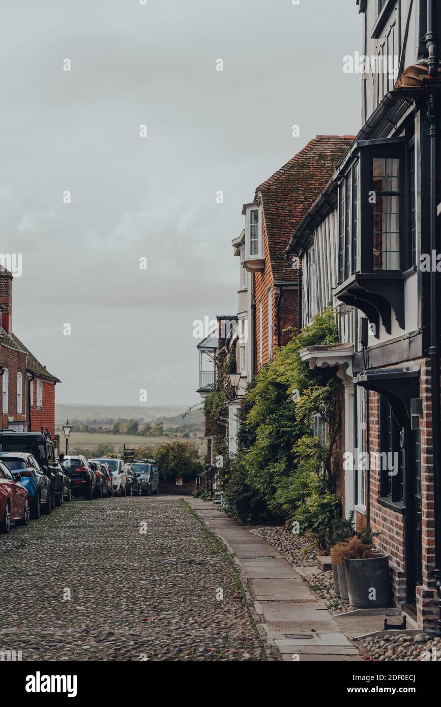 Rye, UK - October 10, 2020: Row of old terraced house on a cobbled ...