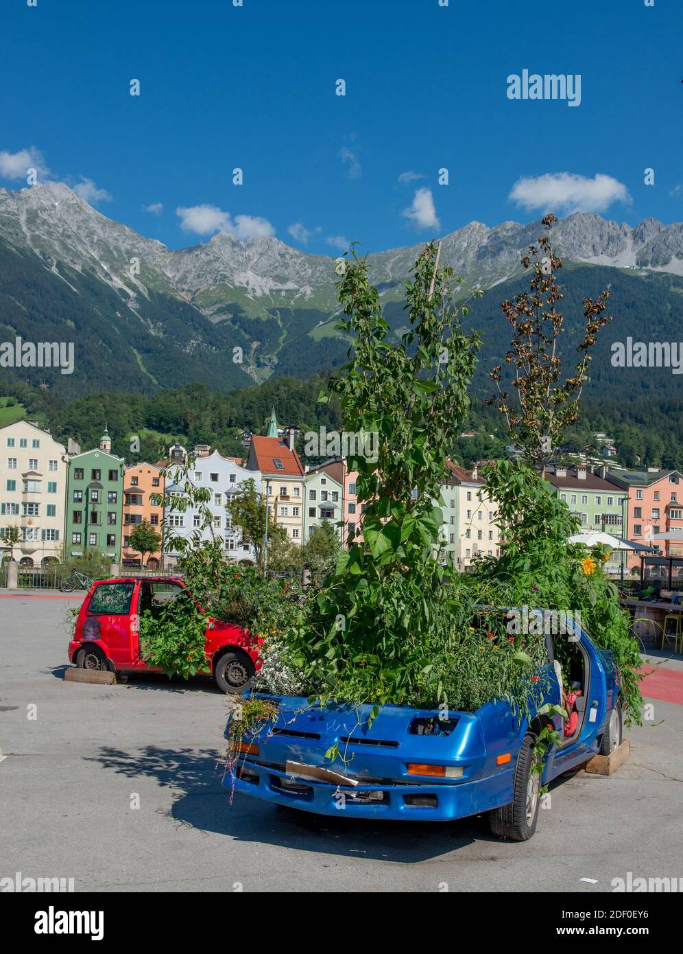 Innsbruck austria 27 July 2020: End of life car with tree sticking out ...