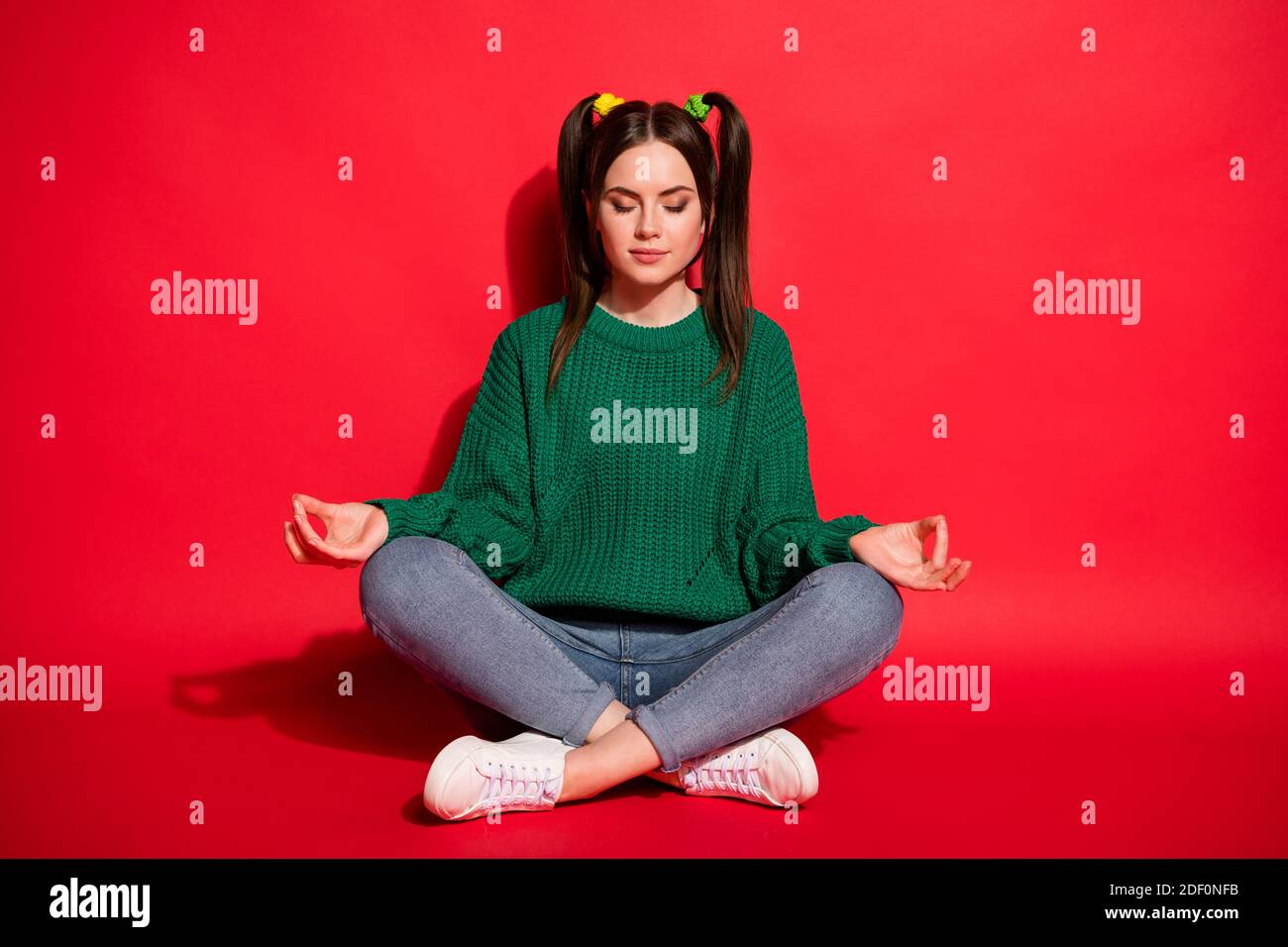 Full size photo of young beautiful attractive calm female meditating ...