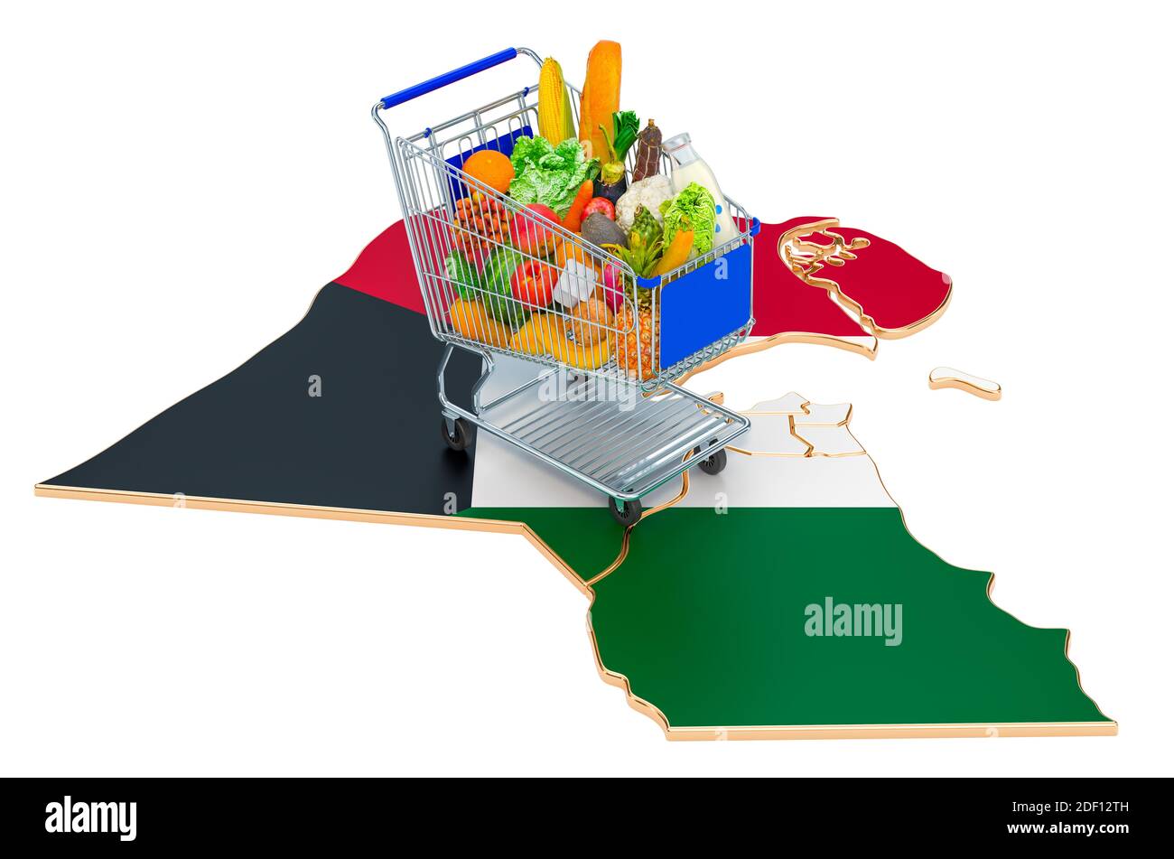 Purchasing power in Kuwait concept. Shopping cart with Kuwait map, 3D ...