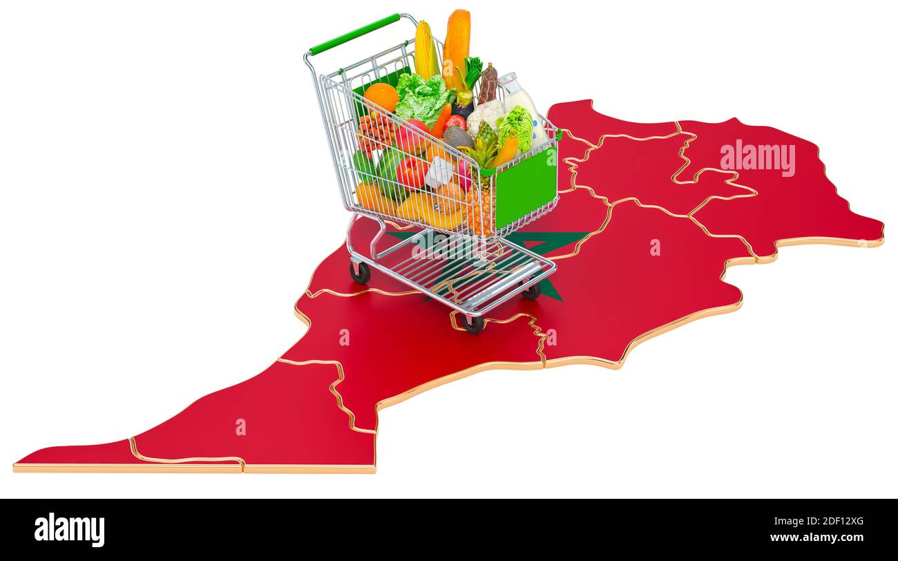 Purchasing power in Morocco concept. Shopping cart with Moroccan map ...