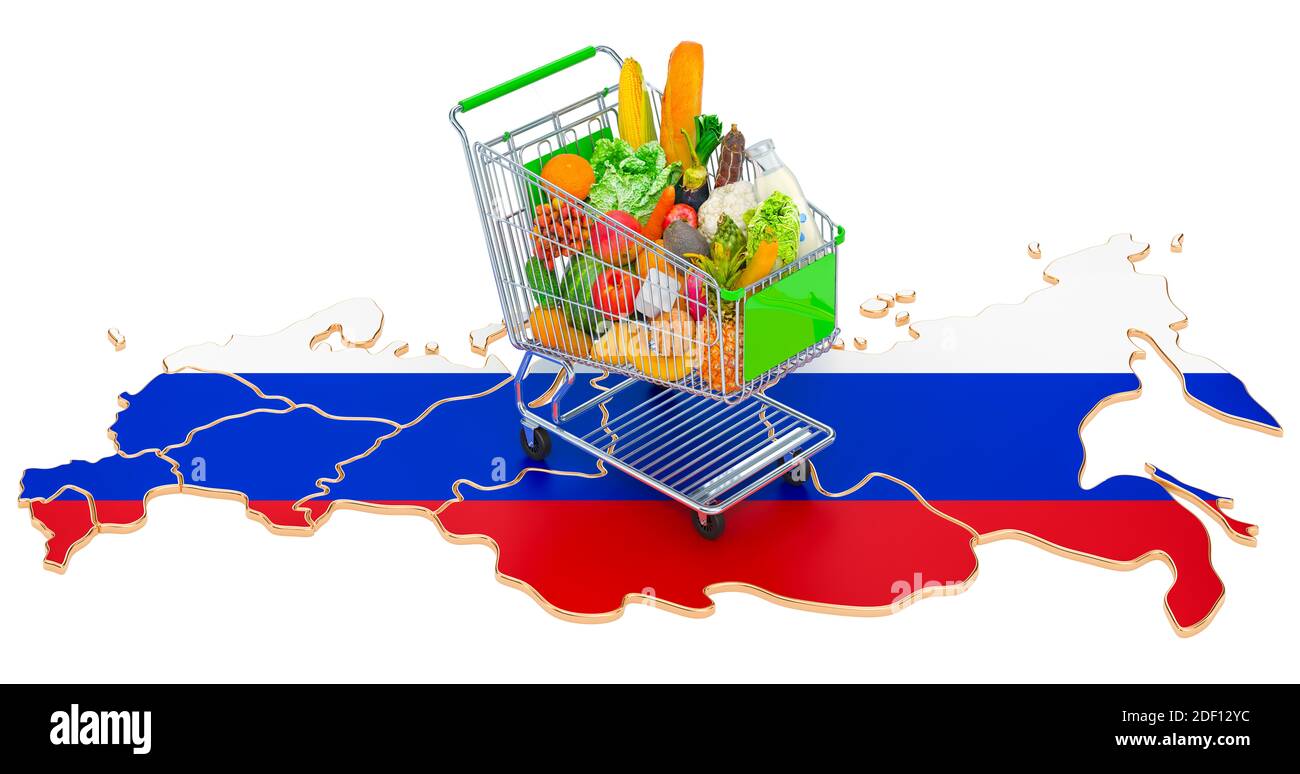 Purchasing power in Russia concept. Shopping cart with Russian ...