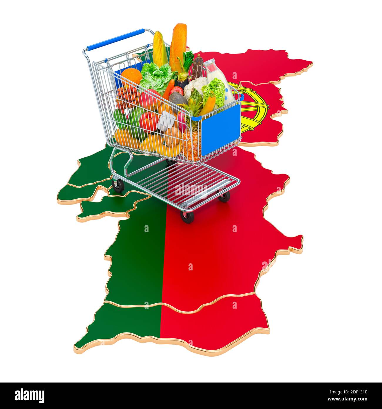 Purchasing power in Portugal concept. Shopping cart with Portuguese map ...