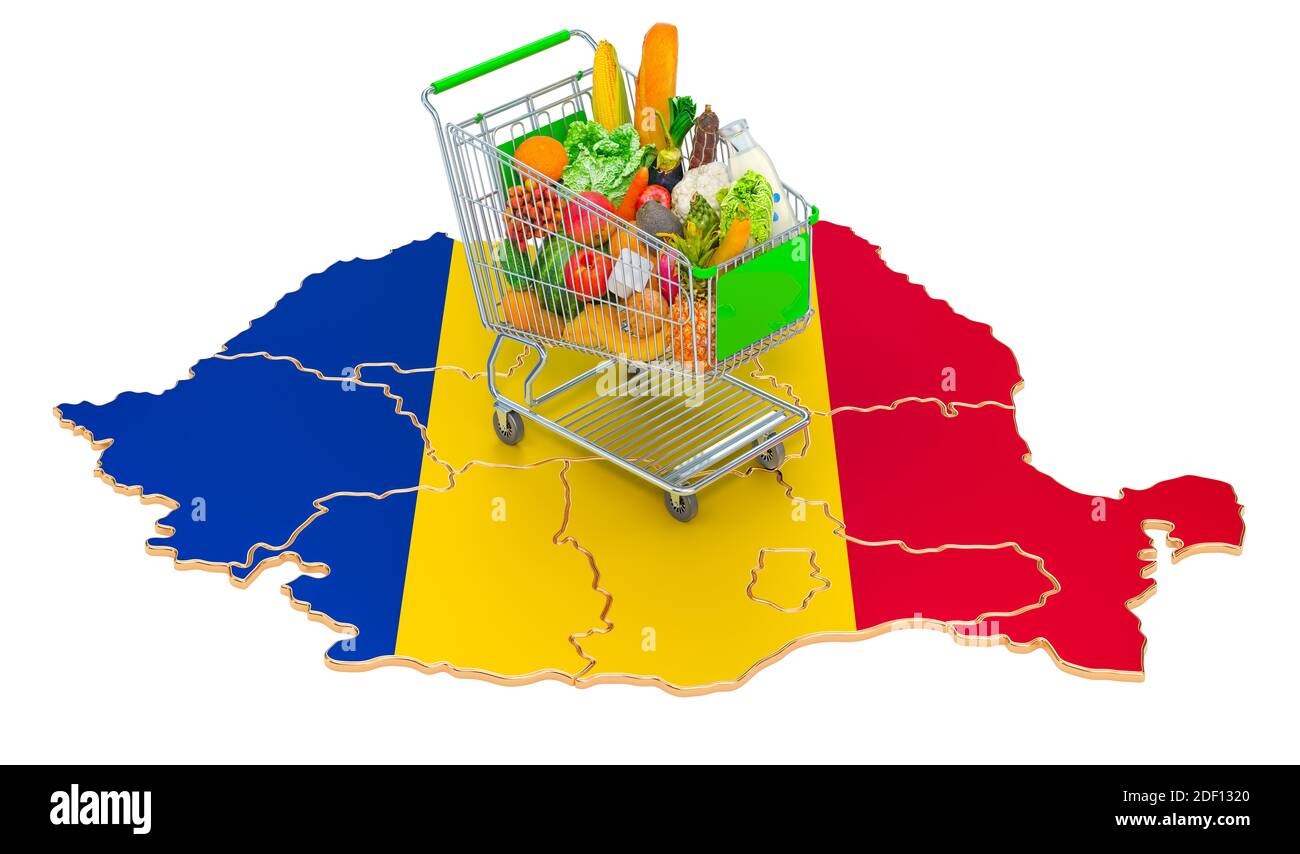 Purchasing power in Romania concept. Shopping cart with Romanian map ...