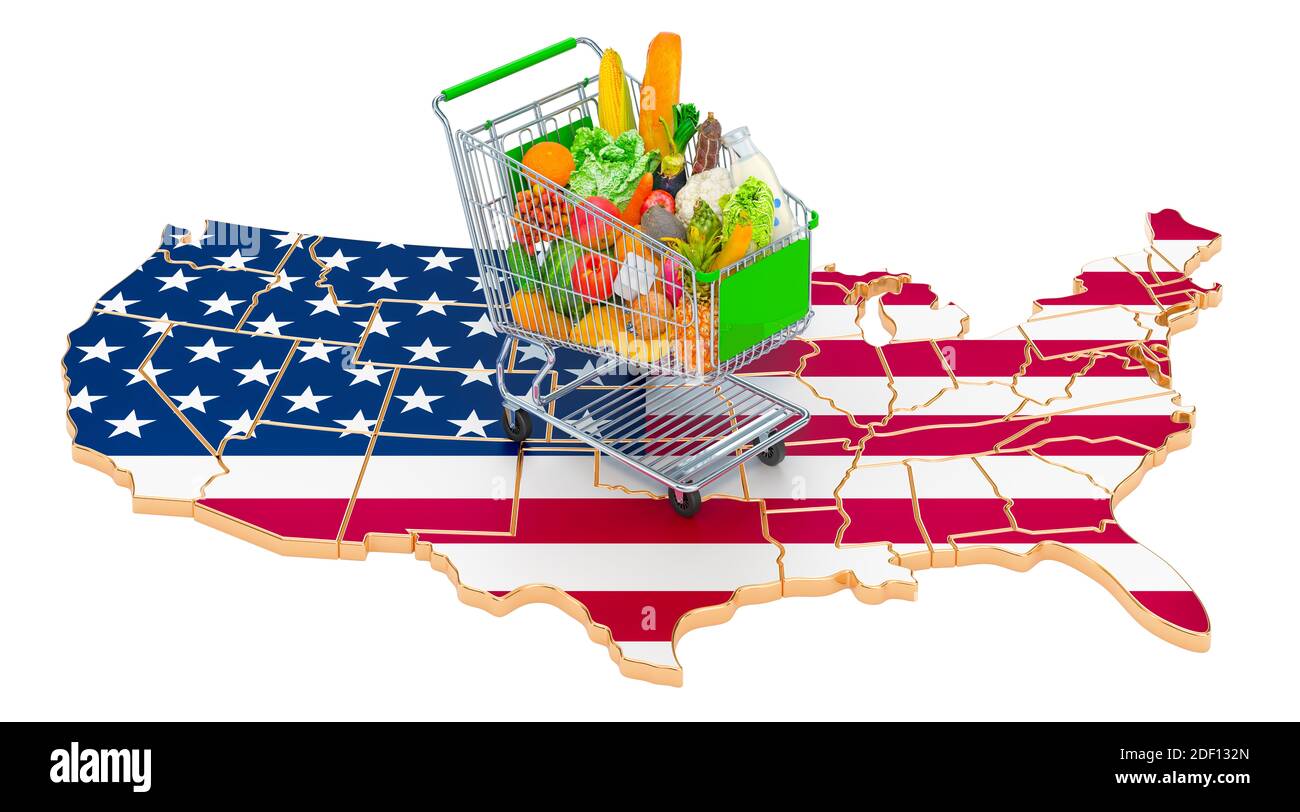 Purchasing power in the USA concept. Shopping cart with American map ...