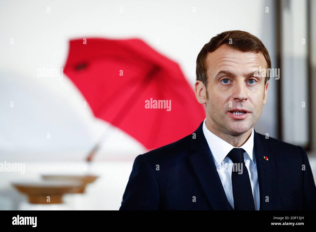 President Emmanuel Macron delivers a speech during the opening day of ...