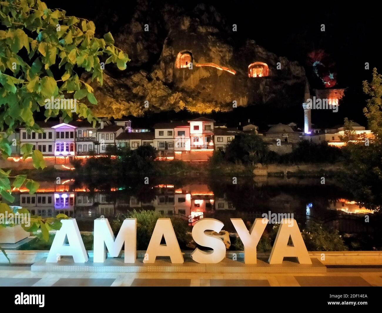 Traditional Amasya houses by Kizilirmak River at night. Historical ...