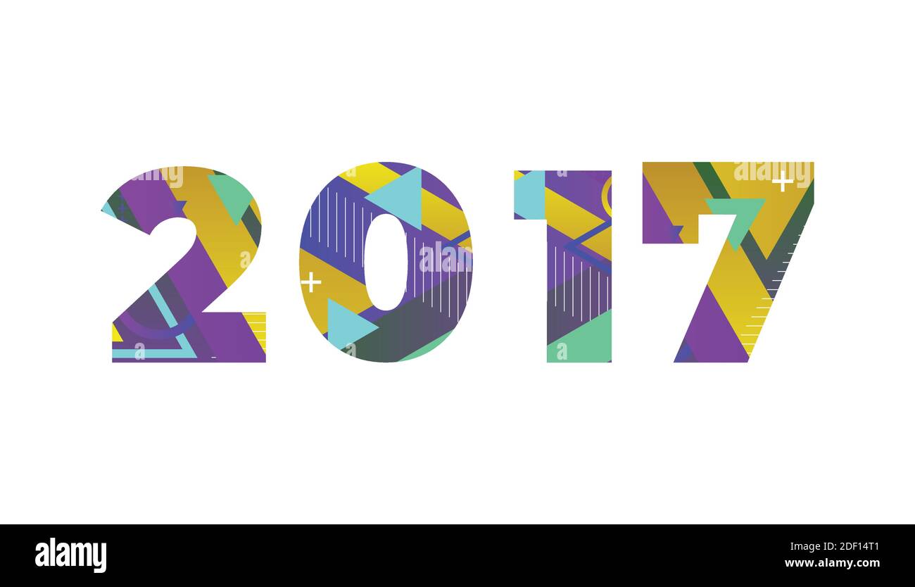 The word 2017 concept written in colorful retro shapes and colors ...