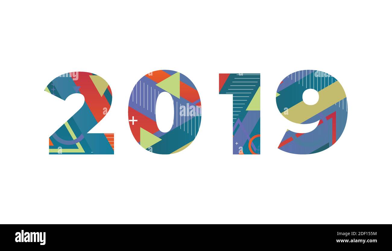 The word 2019 concept written in colorful retro shapes and colors ...