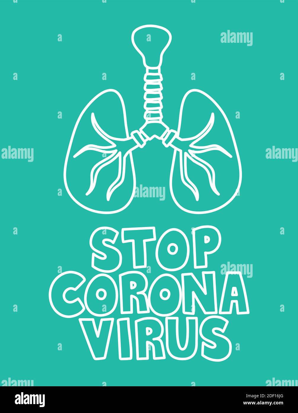 stop corona virus lettering and lung with trachea on green background ...