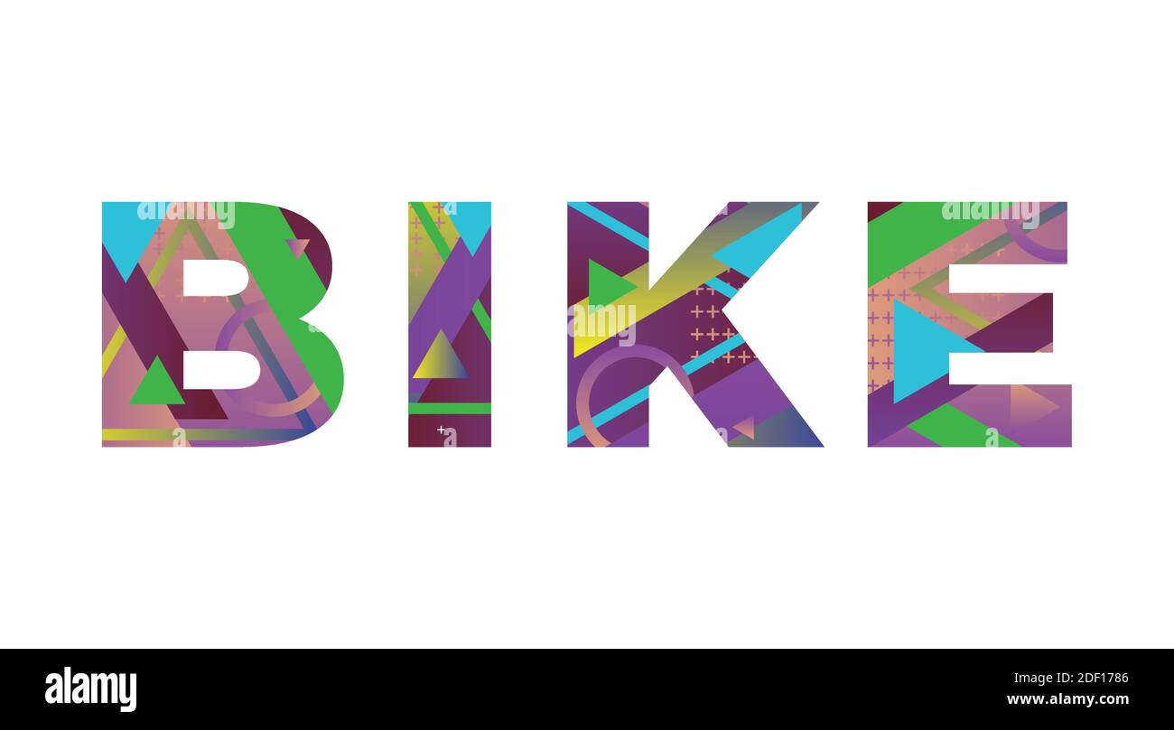 The word BIKE concept written in colorful retro shapes and colors ...