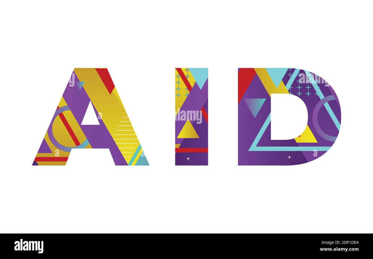 The word AID concept written in colorful retro shapes and colors ...