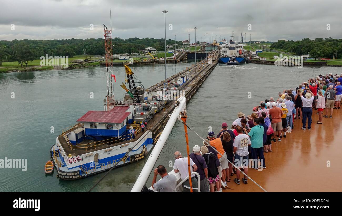 Panama-11/6/19: A view of a ship going throught the Panama Canal while ...