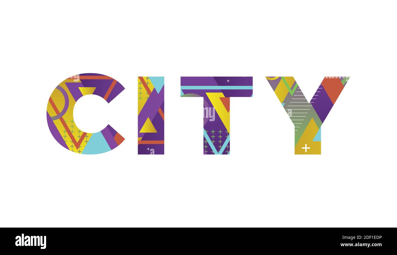 The word CITY concept written in colorful retro shapes and colors ...
