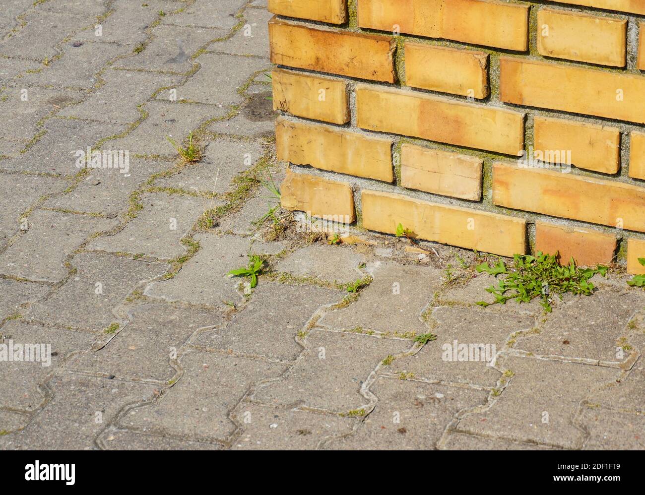 A closeup of the corner of a brick building with concrete brick ...