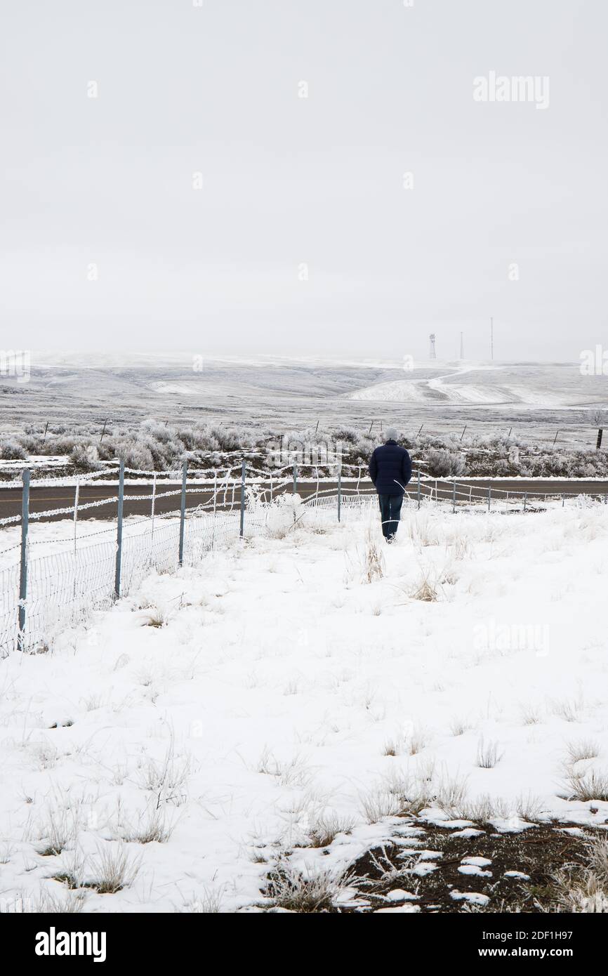 Man Walking Alone in a Snowy Winter Landscape Stock Photo - Alamy