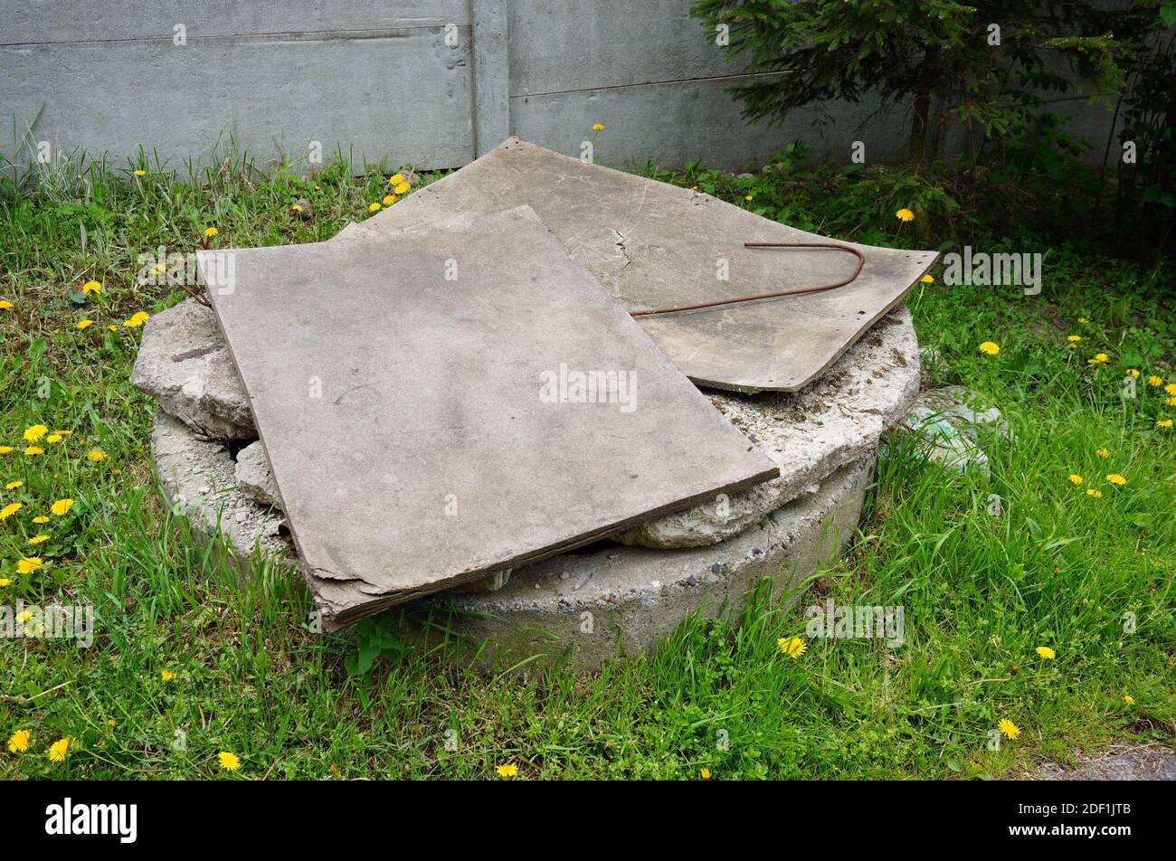A high angle shot of a cement surface covered with gray plywood Stock ...