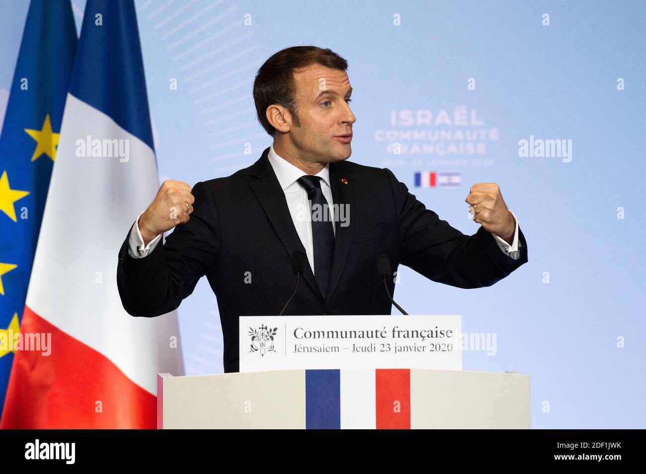 French President Emmanuel Macron delivers a speech to members of the ...