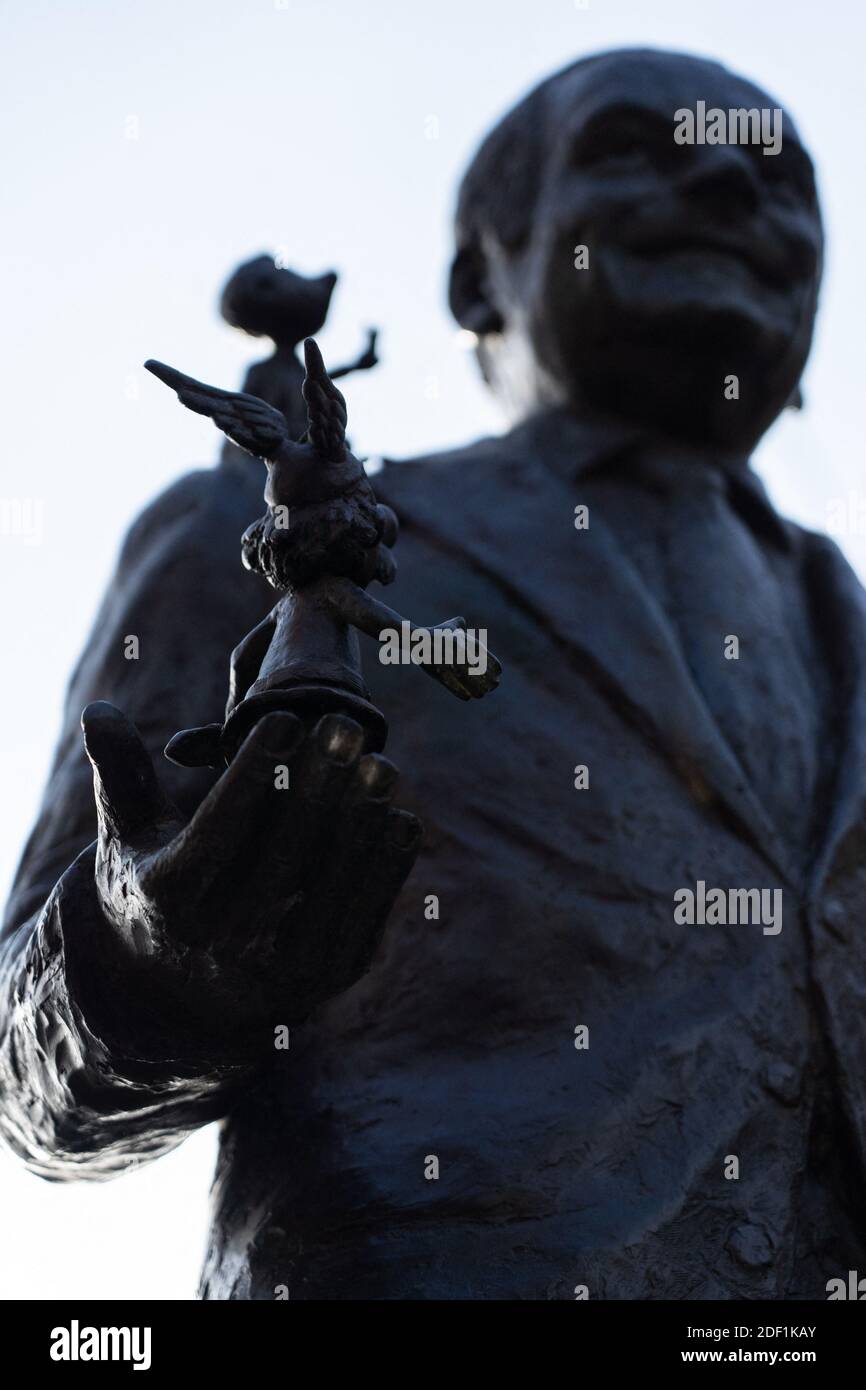 Asterix is seen on the statue of Rene Goscinny in Paris, France on ...