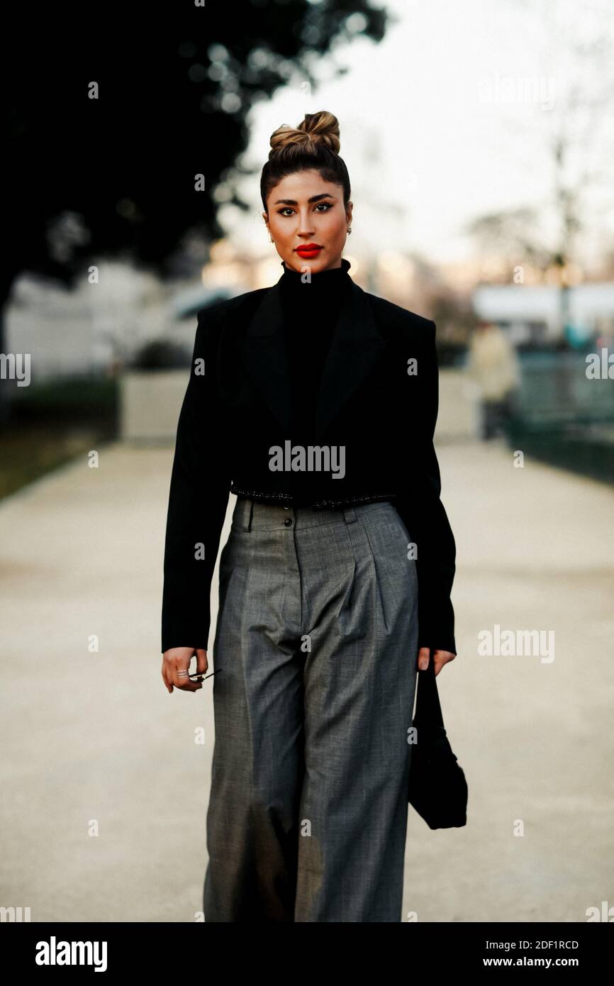 Street style, Laila Abdallah arriving at Alexandre Vauthier Spring ...