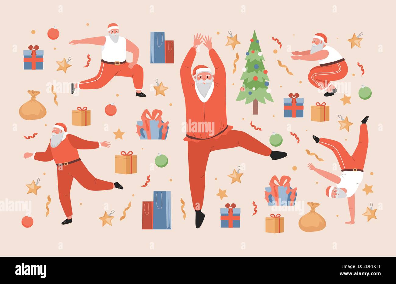 Funny Santa Claus doing morning exercises vector flat illustration ...