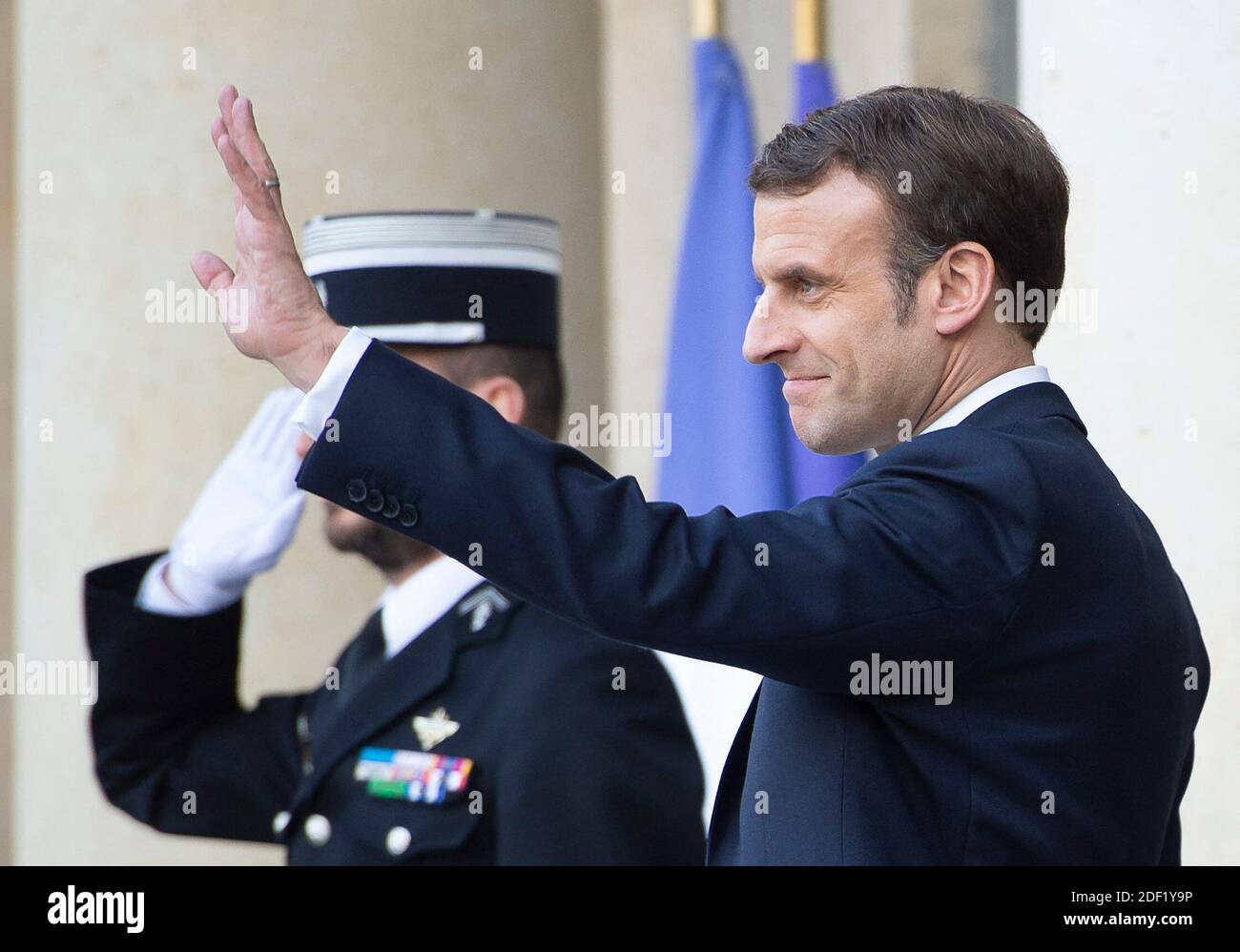 French President Emmanuel Macron gestures at Elysee Palace, in Paris on ...