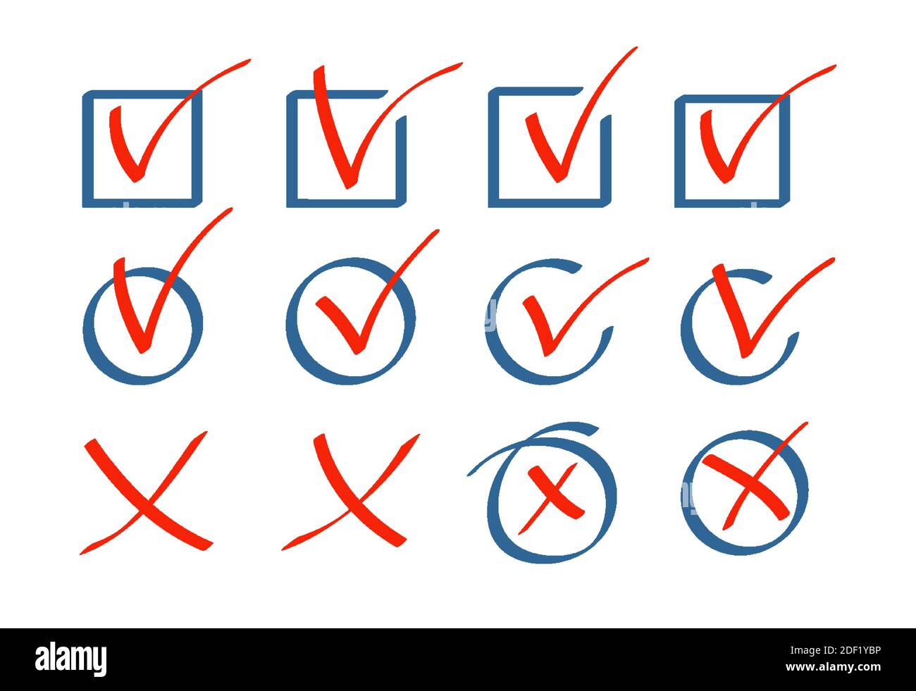 Tick check mark icon handwritten set. Hand drawn red strokes and pen ...