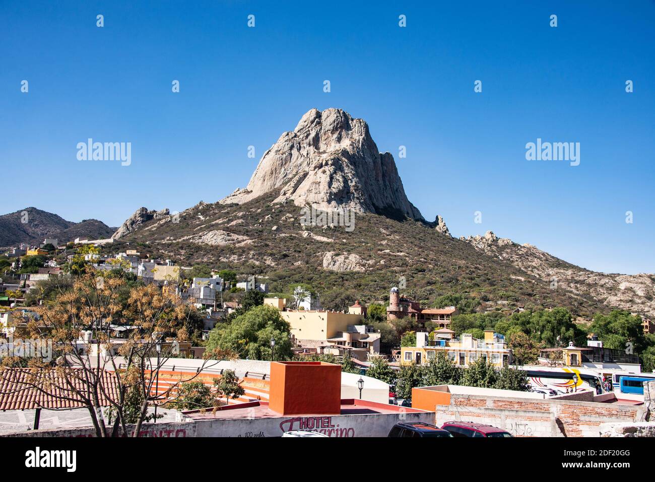 View of the massive Peña de Bernal, UNESCO site and one of the world’s ...