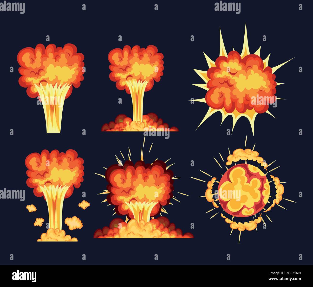 set of blasts with fire clouds of orange, red and yellow color Stock ...