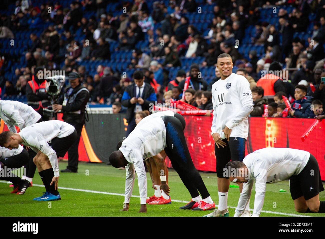 Kylian Mbappe during warm up ahead of Ligue 1 Paris Saint-Germain (PSG ...